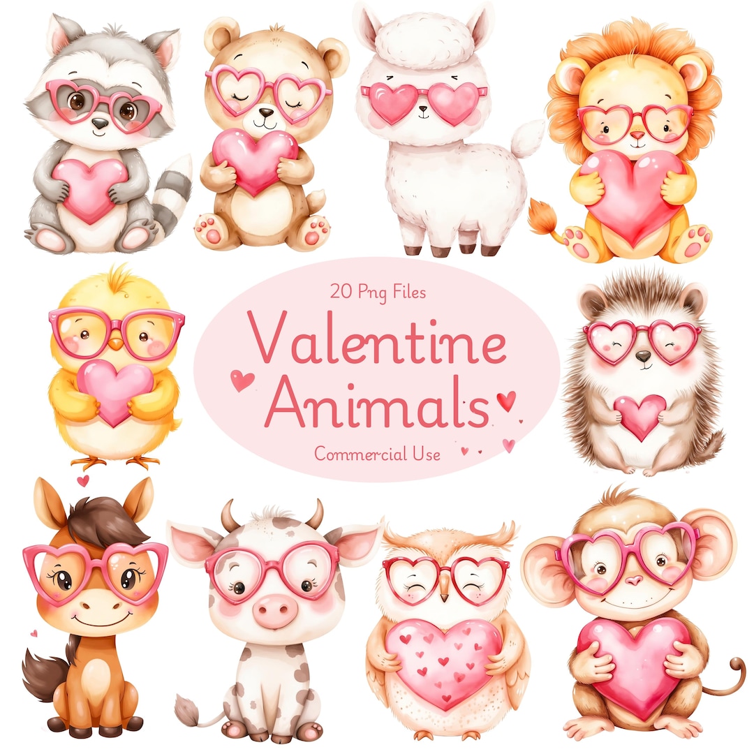 Valentine Animals Clipart - Watercolor - Cute Valentine Png - Valentine ...