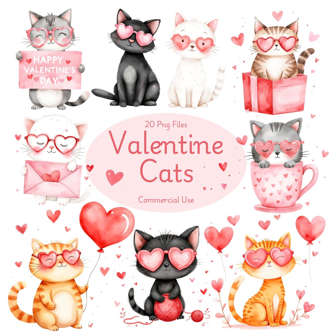 Cute Valentine Cat Clipart - Watercolor - Valentine Cats Clipart - Png ...