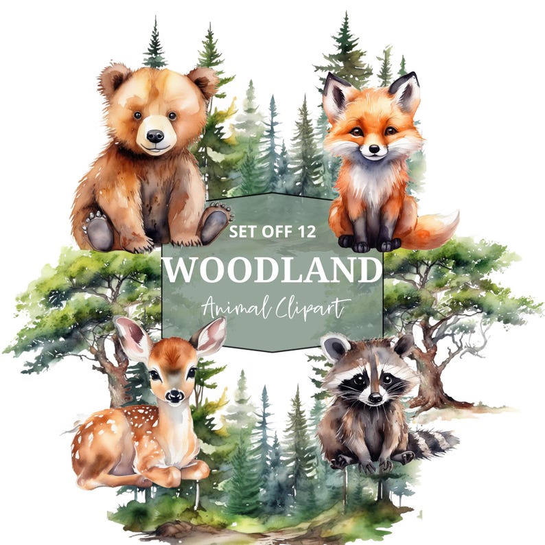 Cute Woodland Animals Clipart - Watercolor - Nursery - Baby Shower ...
