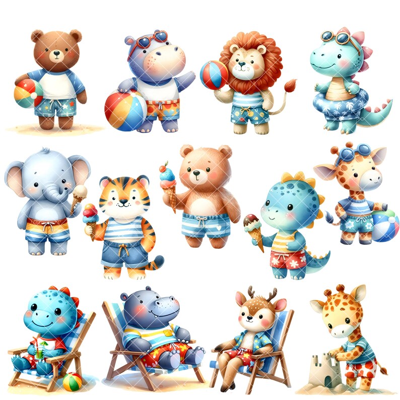 Cute Summer Animals - Watercolor Clipart - Kids Summer Png - Bear ...