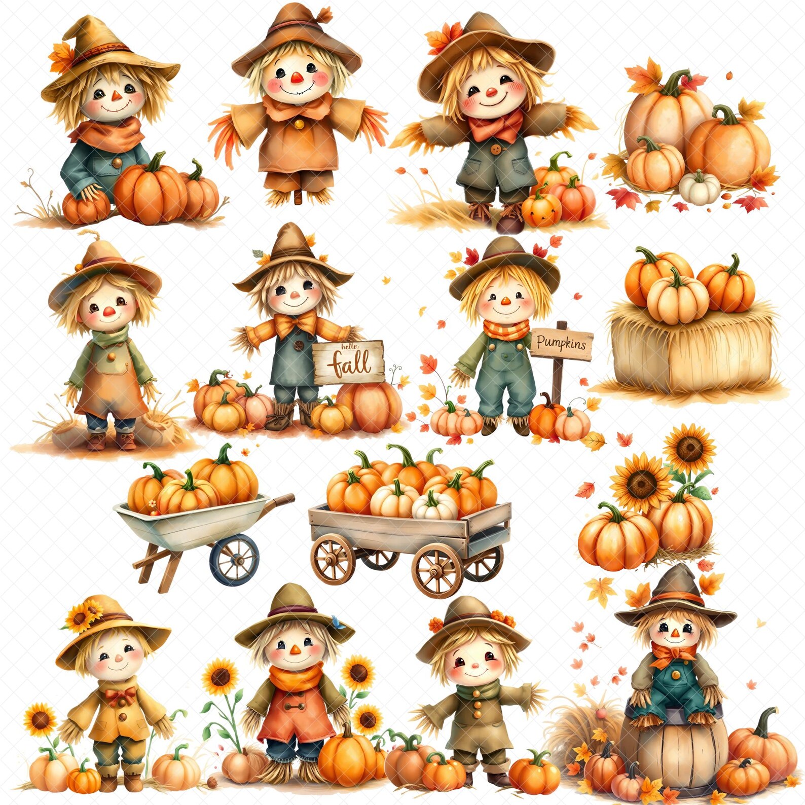Cute Scarecrow Clipart Watercolor Autumn Fall Clipart PNG Commercial ...