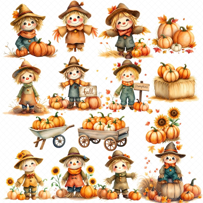 Cute Scarecrow Clipart Watercolor Autumn Fall Clipart PNG Commercial ...