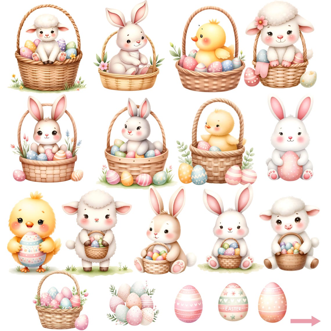 Watercolor Easter Clipart: Bunny, Chick, Lamb, Eggs (PNG Digital ...