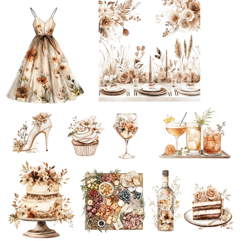 Boho Birthday Clipart - Watercolor - Floral Party Png - Boho - Neutral ...