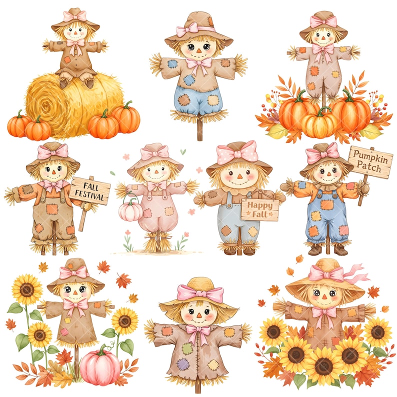 Cute Scarecrow Clipart - Watercolor - Fall Clipart - Girl Scarecrows ...