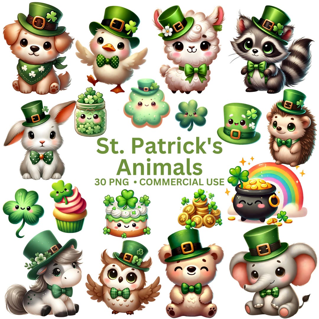 Cute St. Patrick's Clipart - Watercolor - Animal Png - Shamrocks - St ...