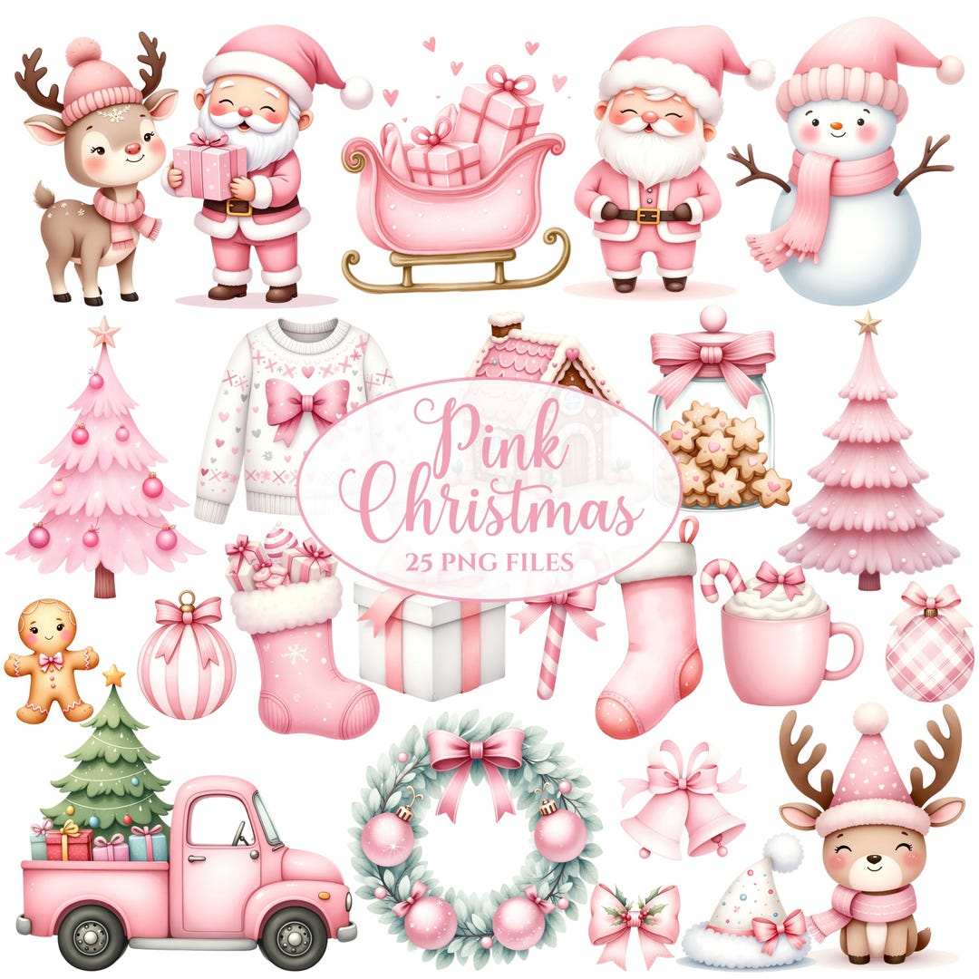 Pink Christmas Clipart - Watercolor - Cute Christmas Png - Santa Claus ...