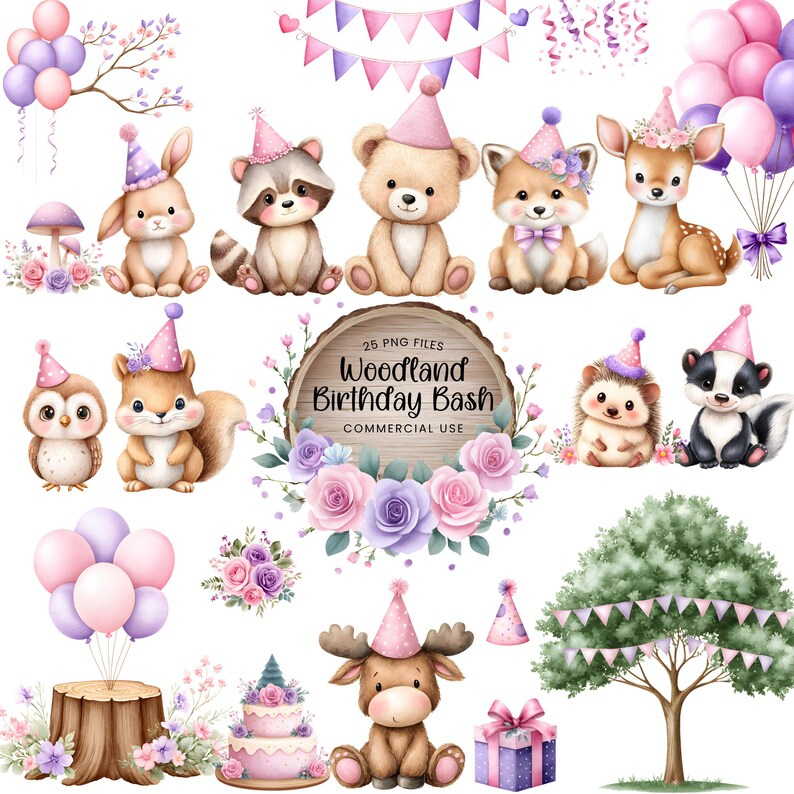 Woodland Birthday Clipart - Watercolor - Woodland Animal Png - Cute ...