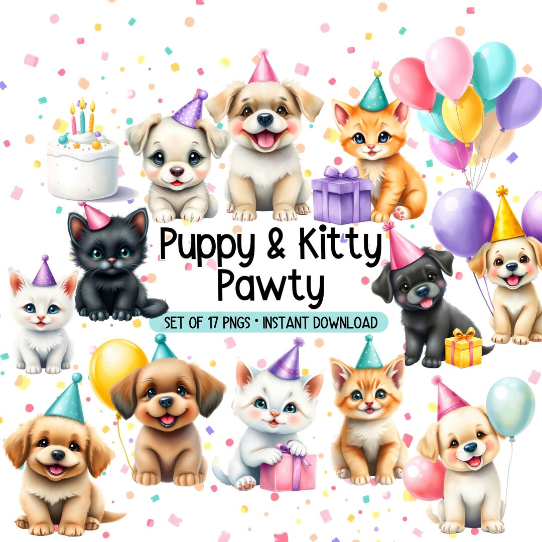 Puppy and Kitten Clipart - Cute - Birthday Png - Pawty Clipart ...