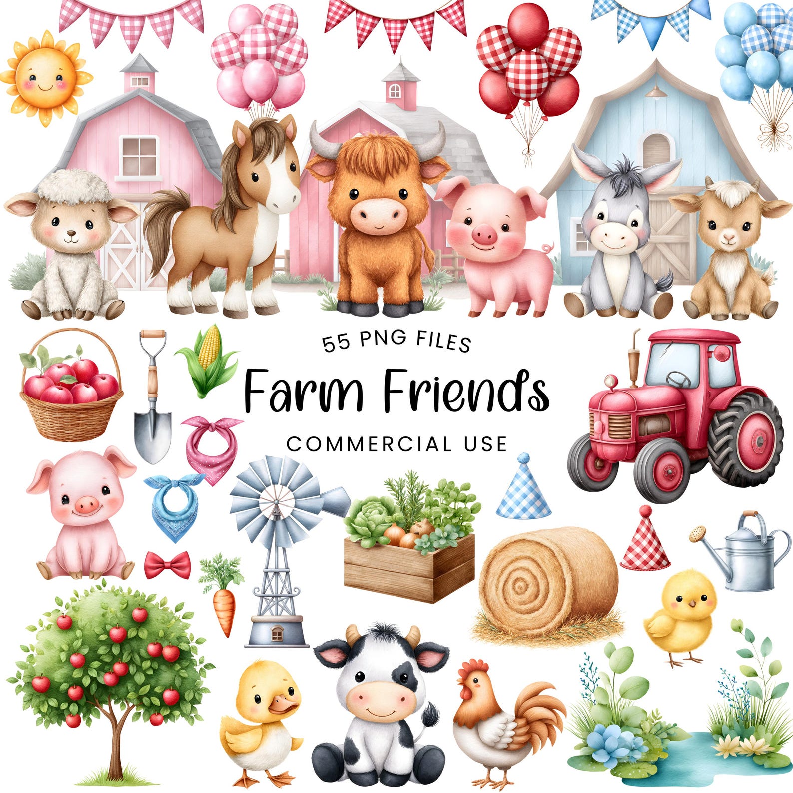 Farm Animal Clipart - Watercolor - Cute Farm Png - Cow - Pig - Horse ...