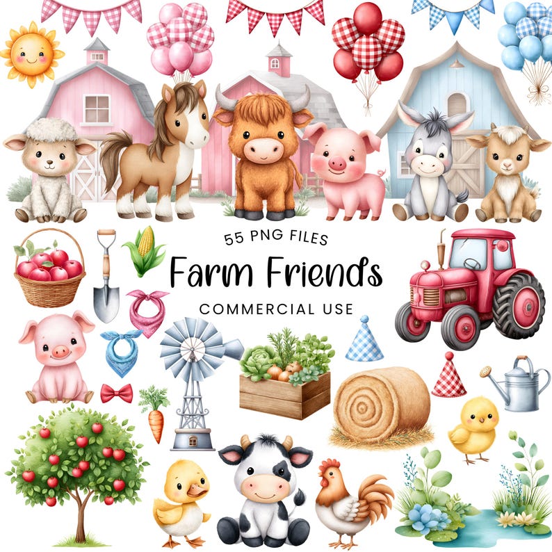 Farm Animal Clipart - Watercolor - Cute Farm Png - Cow - Pig - Horse ...