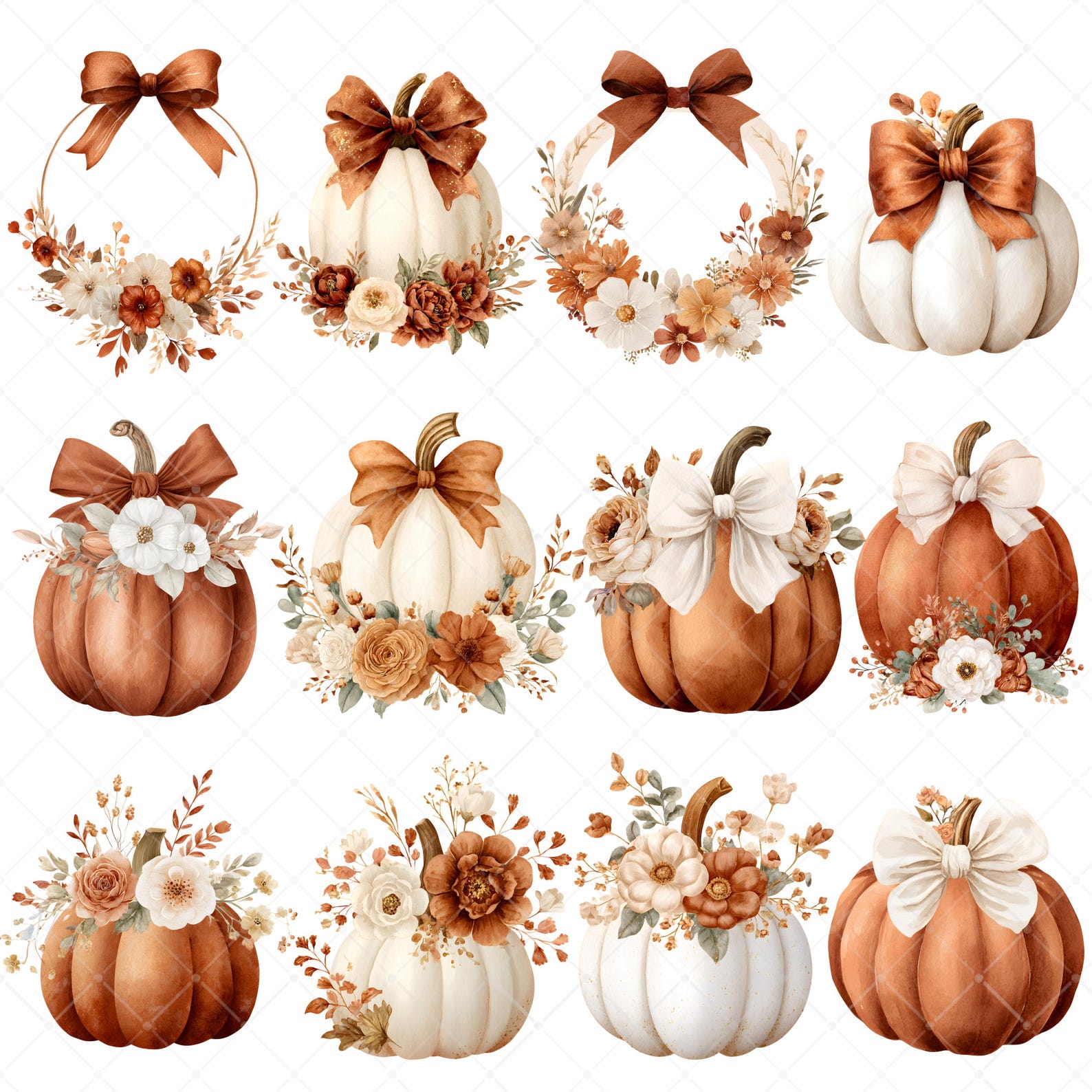Rustic Fall Clipart - Watercolor - Floral Pumpkin Png - Boho Pumpkin ...