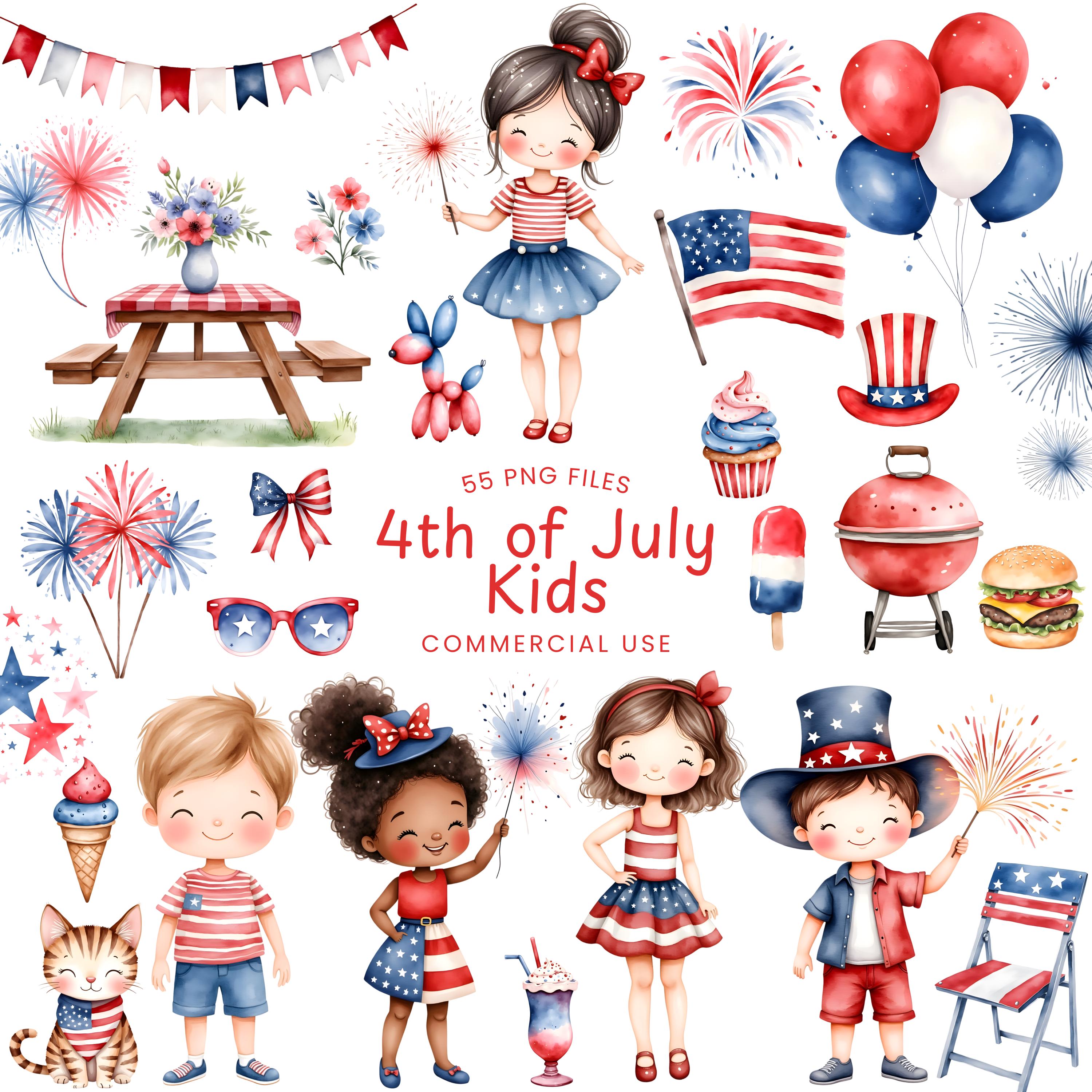 4th of July Clipart - Watercolor - Kids Clipart Bundle - Patriotic Kids ...