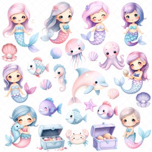 Cute Mermaid Clipart - Watercolor - Under the Sea - Png - Instant ...