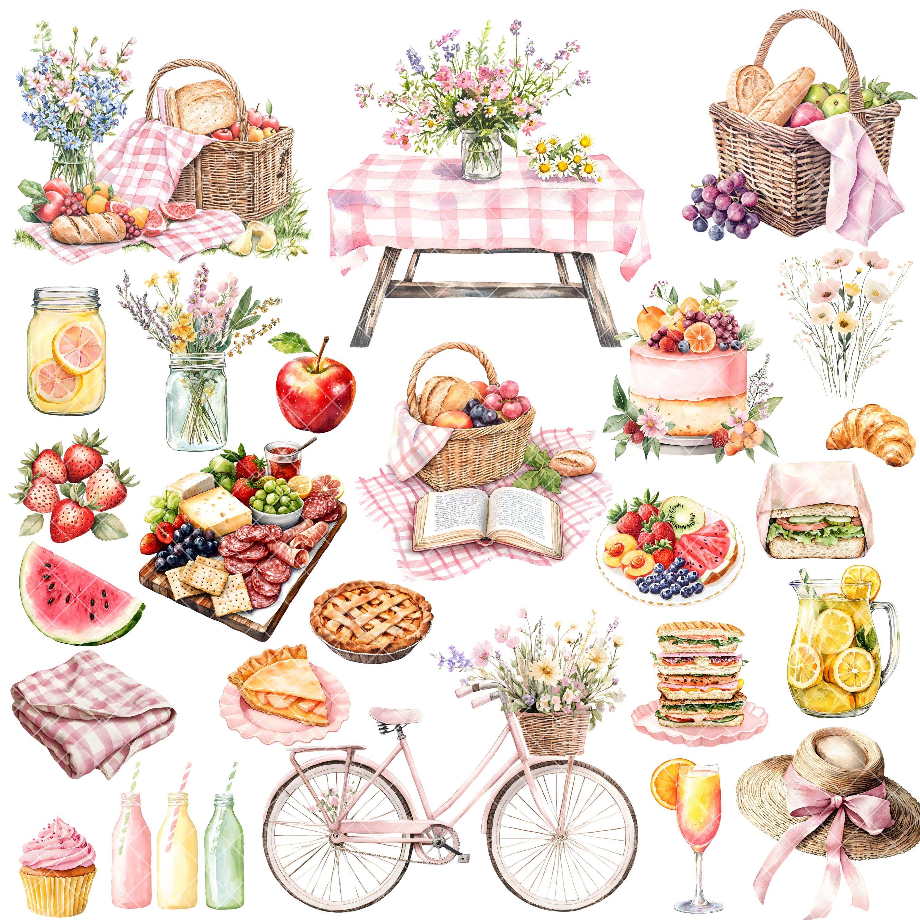 Picnic Clipart Bundle - Watercolor - Spring - Summer - Pink Picnic ...