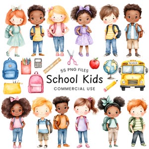 School Kids Clipart - Watercolor - Back to School Png - Cute Kids ...