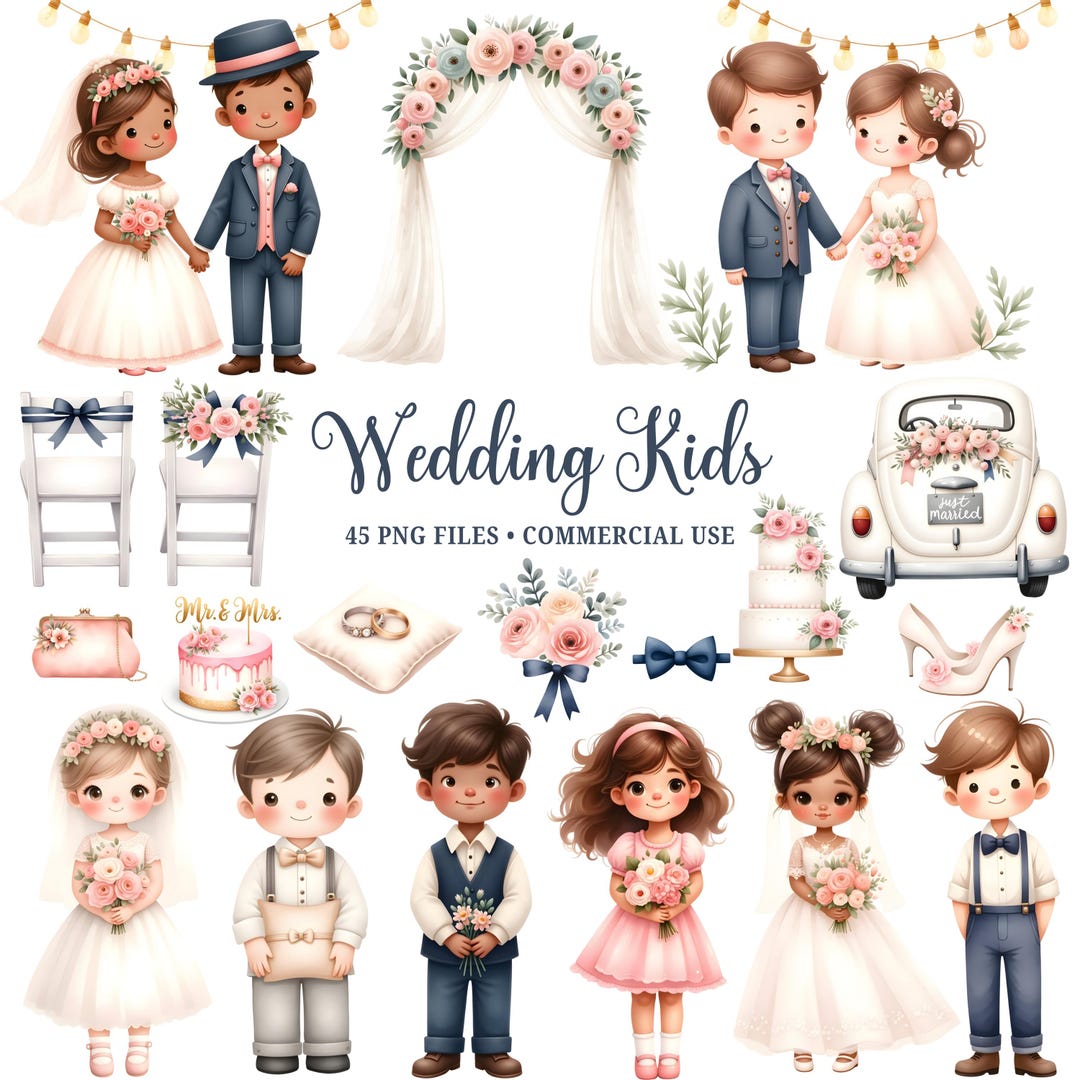 Cute Wedding Clipart - Watercolor - Wedding Kids - PNG - Bride - Groom ...