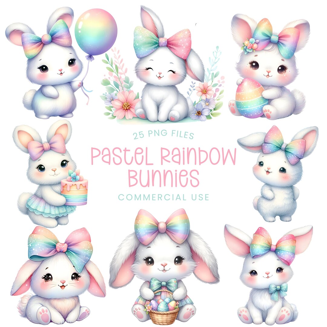 Cute Bunny Clipart - Watercolor - Pastel Rainbow Bunny Clipart - Rabbit ...