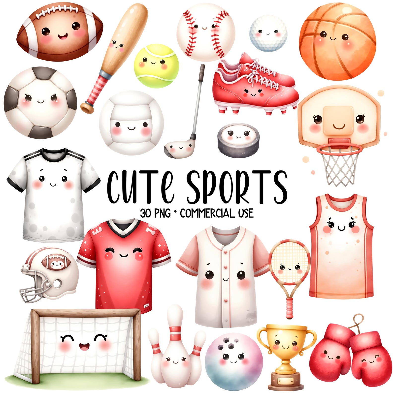 Sports Clipart - Kawaii - Cute Png - Sublimination - Watercolor Clipart ...