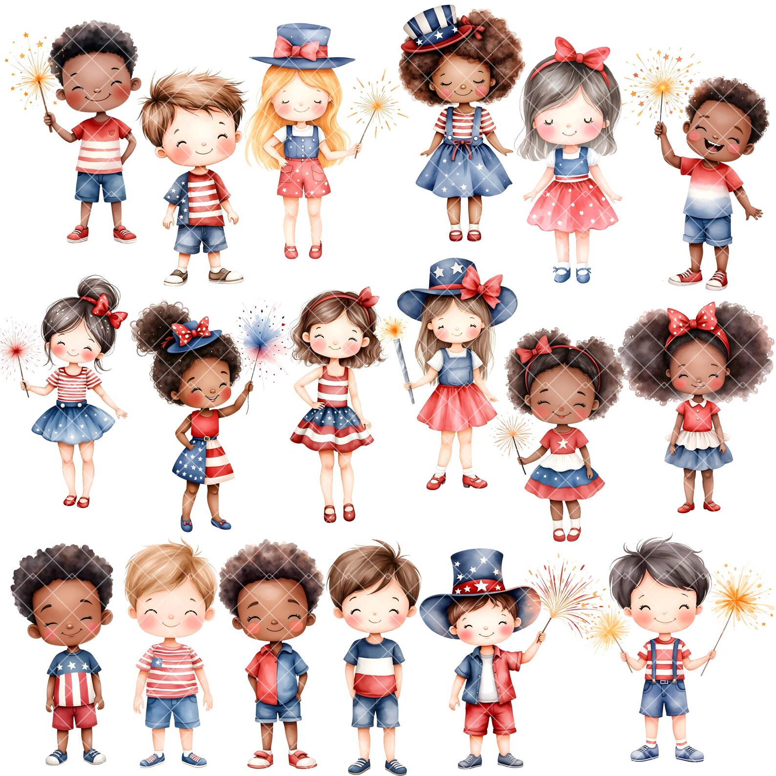 4th of July Clipart - Watercolor - Kids Clipart Bundle - Patriotic Kids ...
