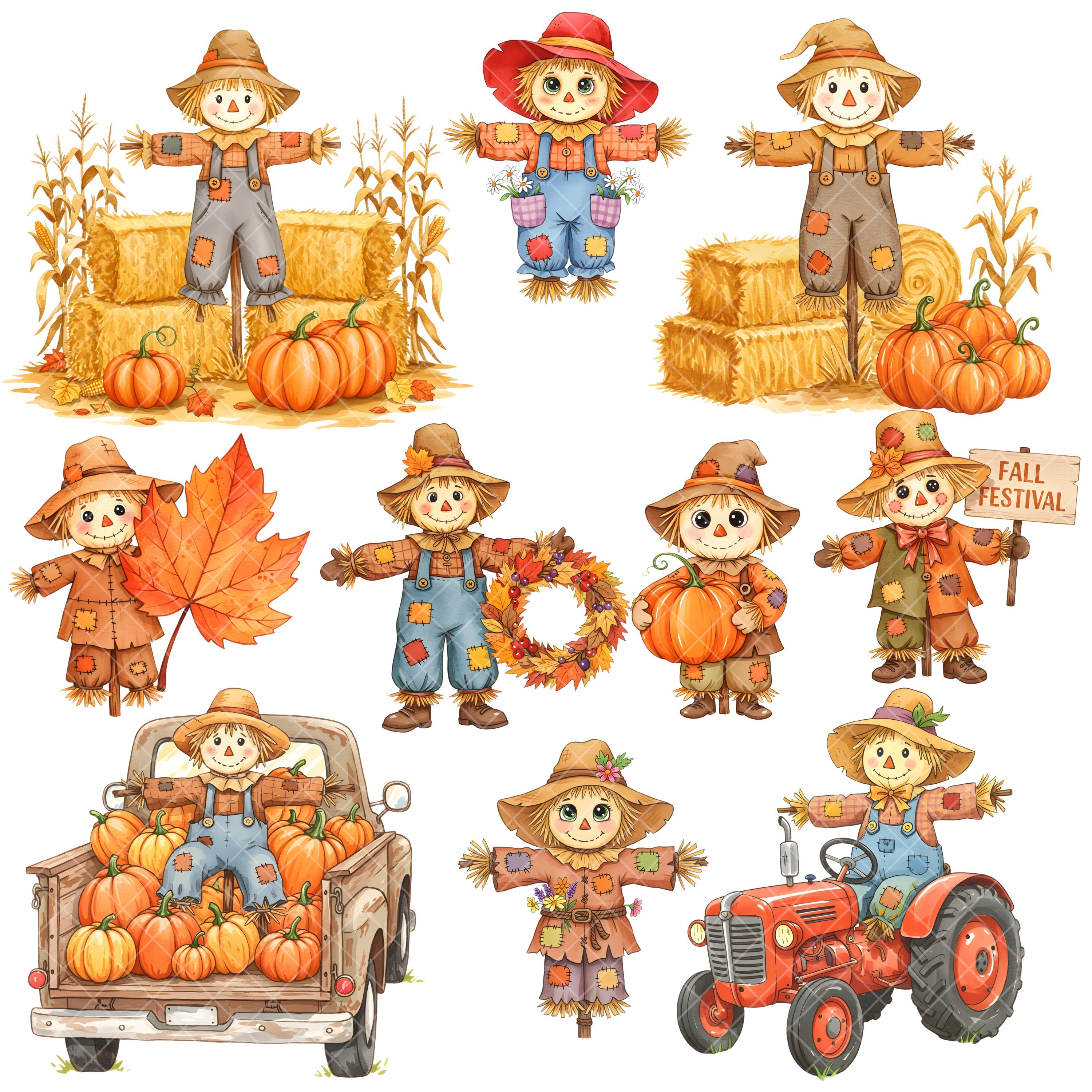 Cute Scarecrow Clipart - Watercolor - Fall Clipart - Scarecrow ...