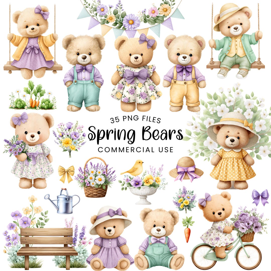 Spring Teddy Bear Clipart - Watercolor - Cottage Png - Spring Flowers ...