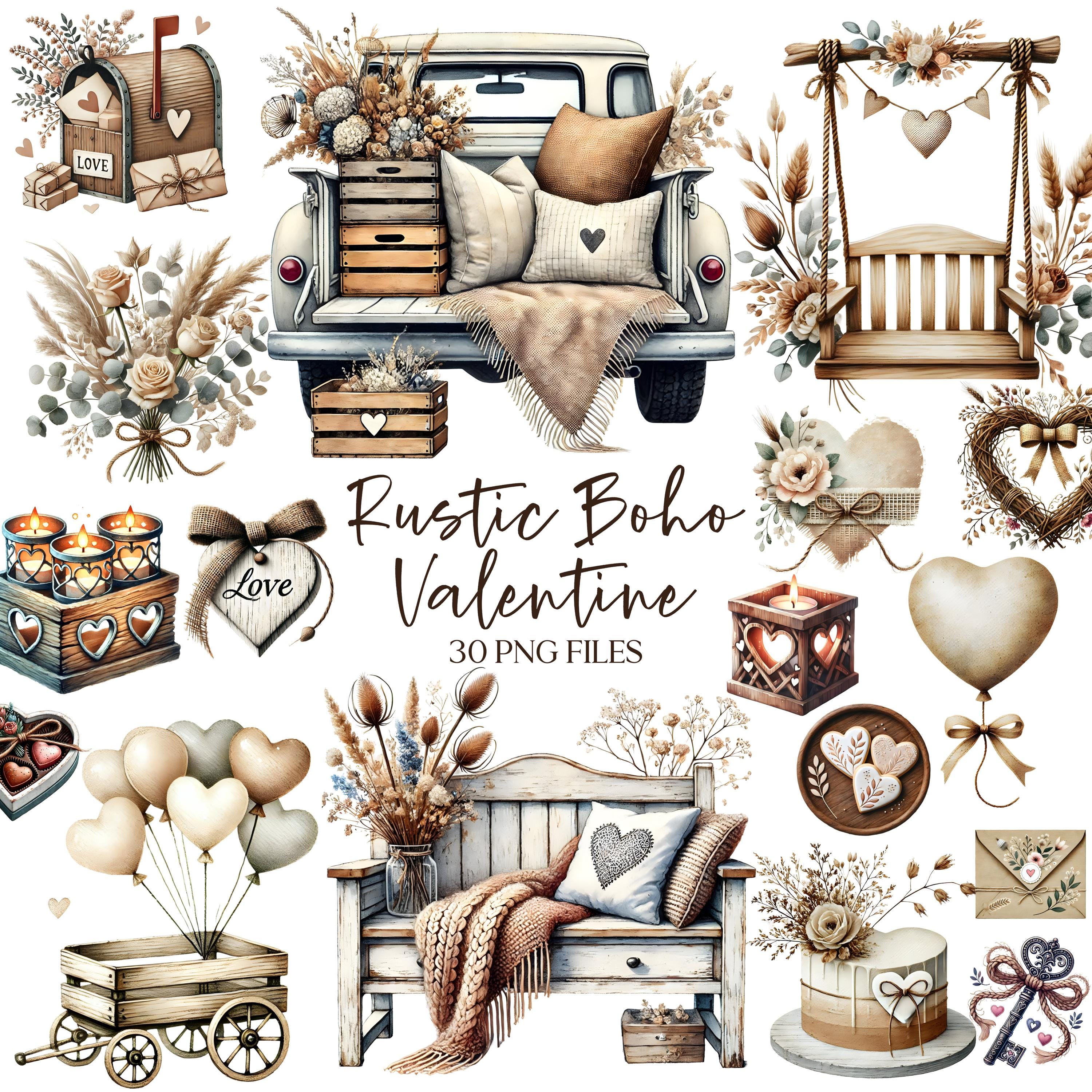 Rustic Boho Valentine Clipart - Watercolor - Valentine Png ...