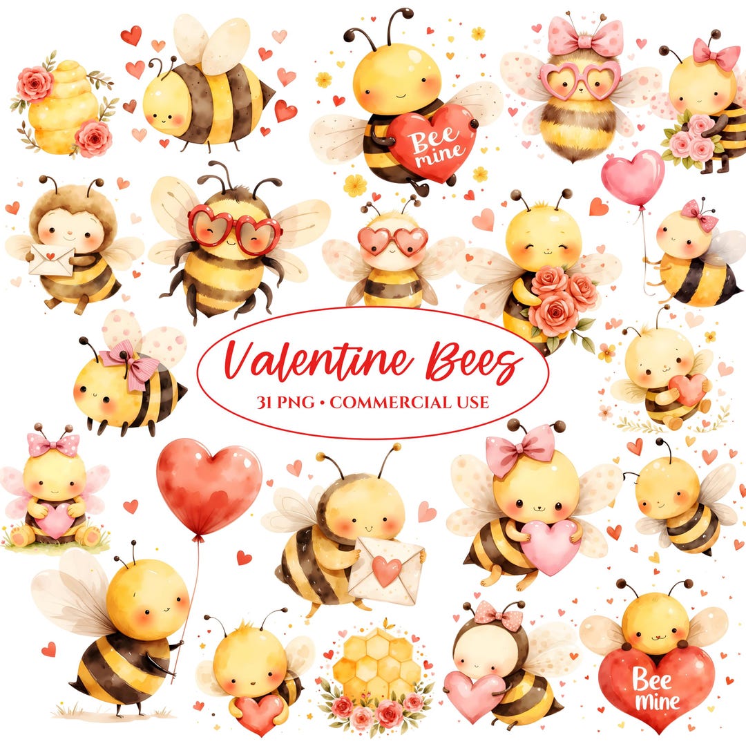 Valentine Bee Clipart - Watercolor - Cute Valentine Pngs - Bumblebees ...