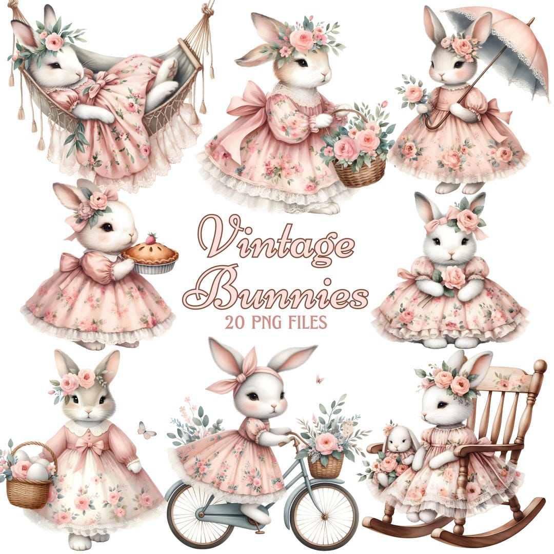 Vintage Bunny Clipart - Watercolor - Rabbit Wearing Pink Dress - Easter ...