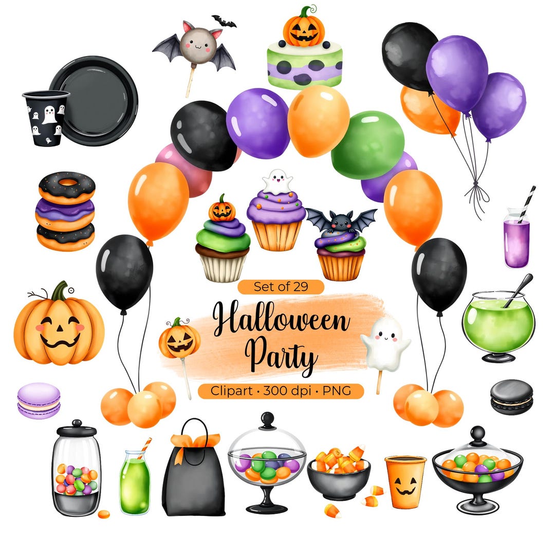 Halloween Party Clipart Watercolor Balloons Birthday Png Commercial ...