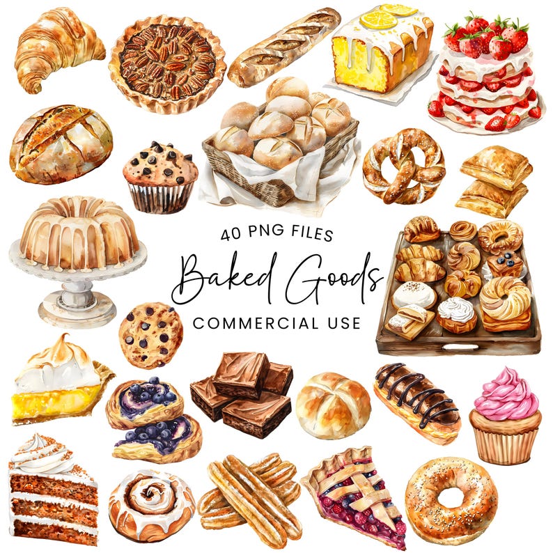 Watercolor Baked Goods Clipart - Pastry Png - Baking Clipart - Bread ...