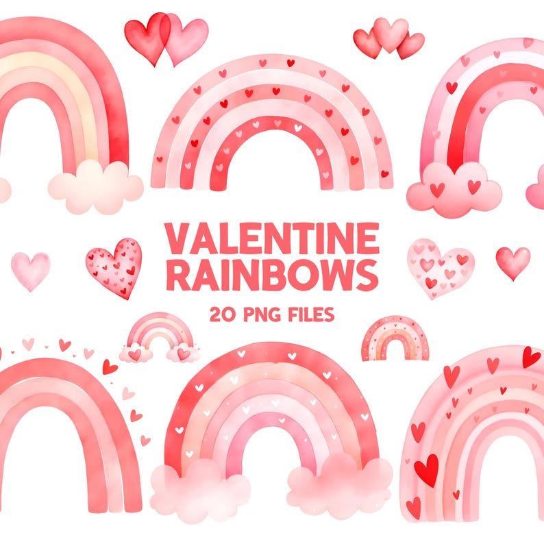 Watercolor Valentine Rainbow Clipart: Heart PNG Bundle (digital ...