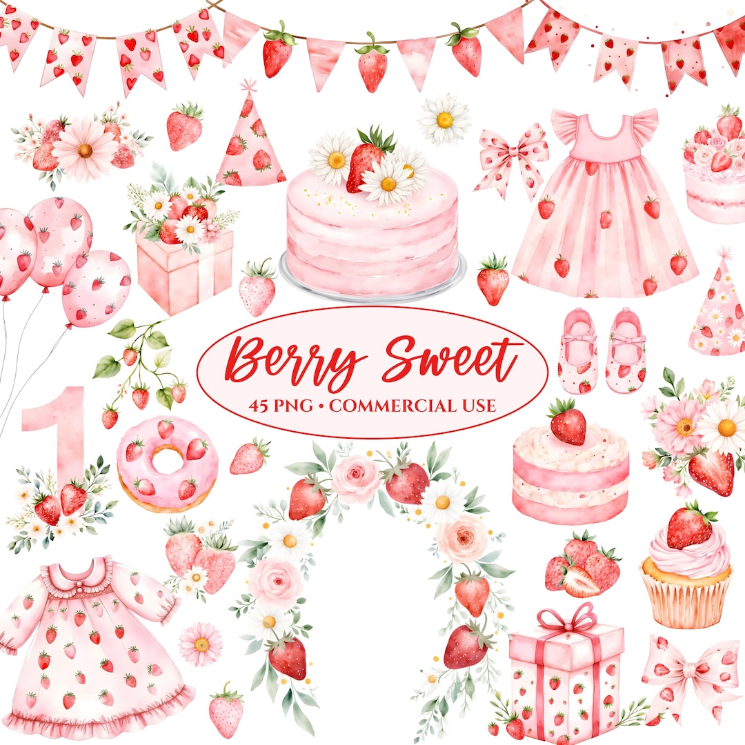 Strawberry Clipart - Watercolor - First Birthday PNG - Nursery Clipart ...