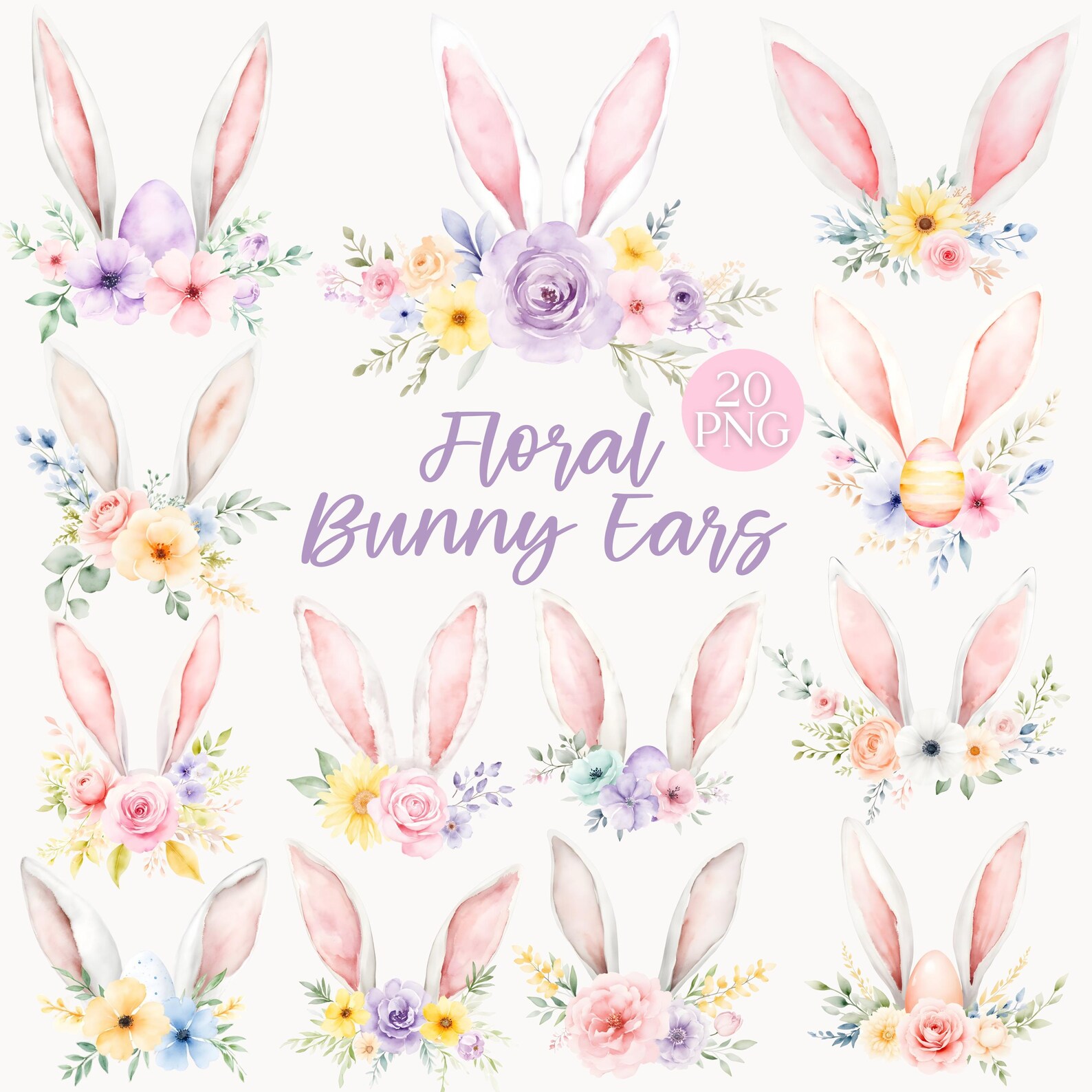 Floral Rabbit Ear Clipart - Watercolor - Easter Png - Bunny Ears ...