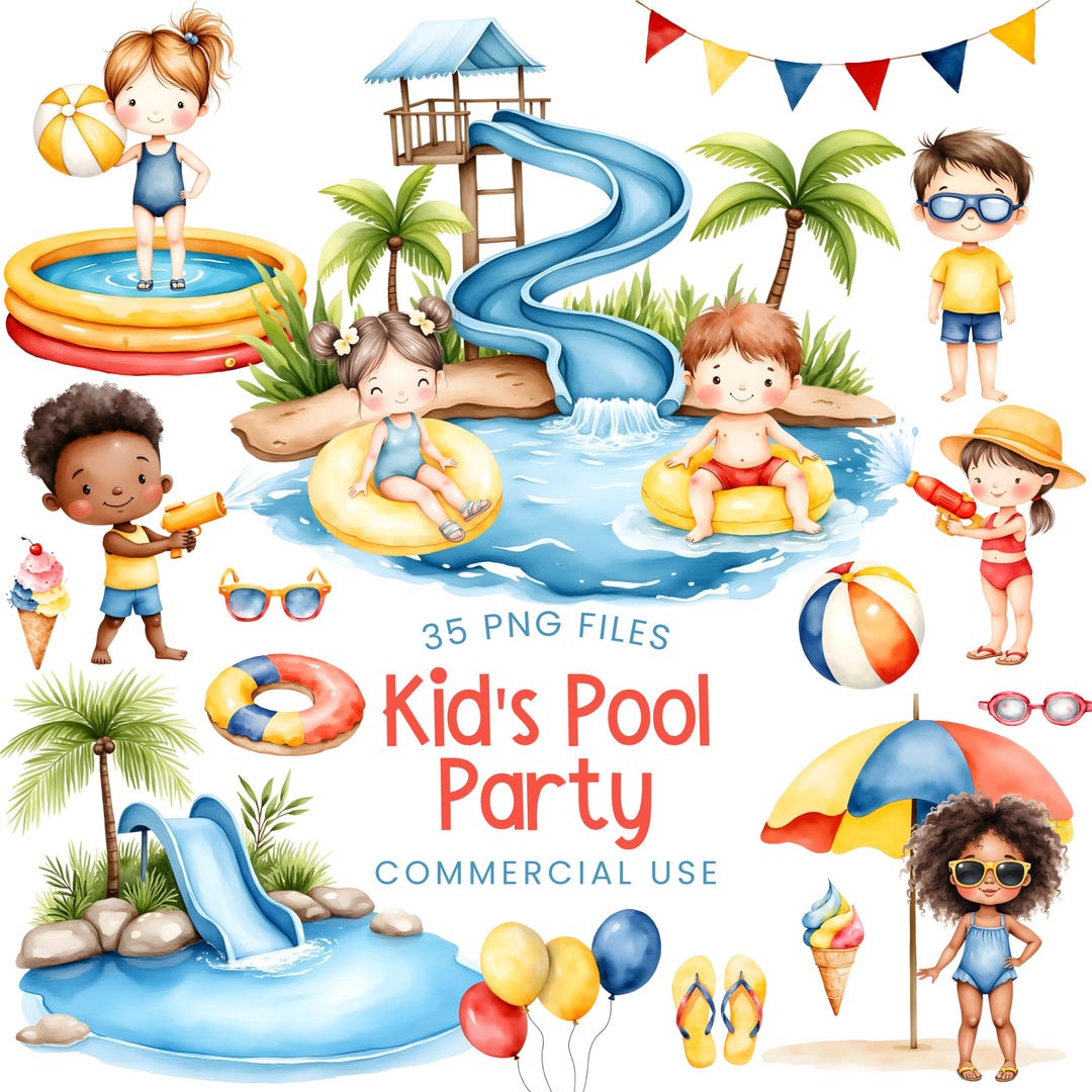 Pool Party Clipart - Watercolor - Cute Summer Clipart - Kid's Birthday ...