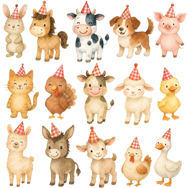 Farm Birthday Clipart - Watercolor - Cute Farm Animals - Png - Kids ...