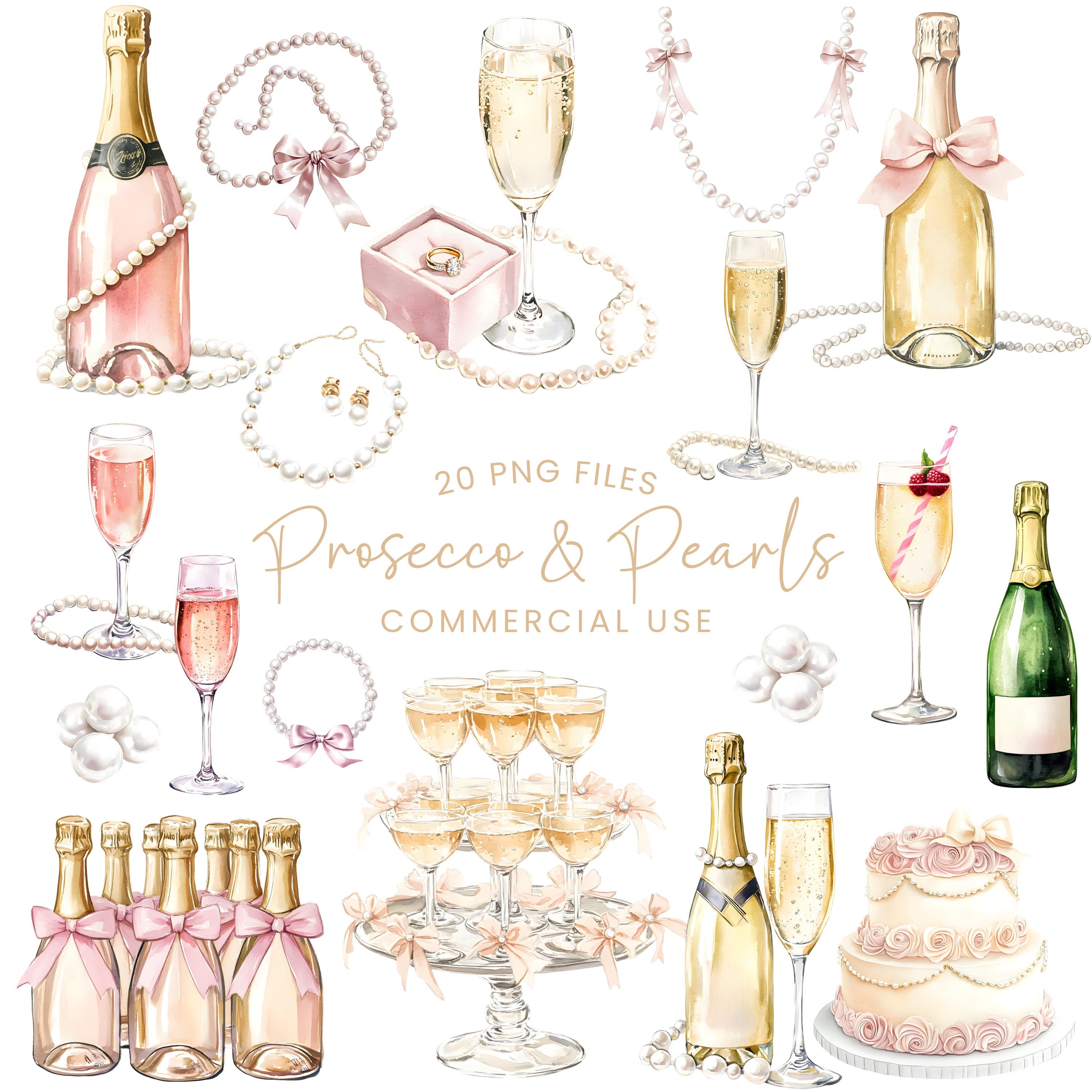 Prosecco and Pearls Clipart - Watercolor - Bachelorette Party - Bridal ...