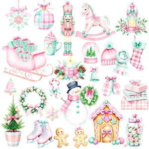 Pink & Mint Christmas Clipart - Watercolor - Preppy Christmas - PNG ...
