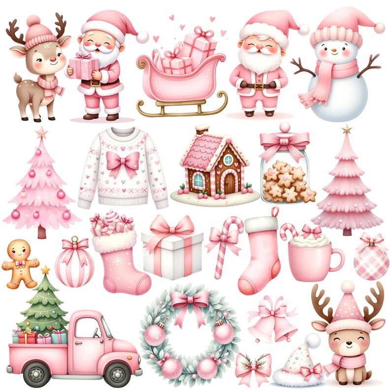 Pink Christmas Clipart - Watercolor - Cute Christmas Png - Santa Claus ...