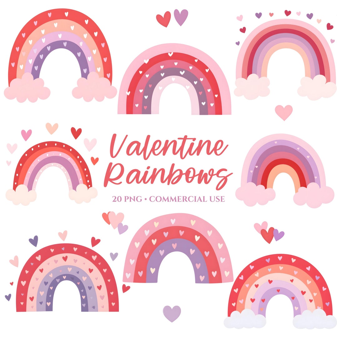 Valentine Rainbow Clipart - Watercolor - Hand-drawn Style - Rainbow Png ...
