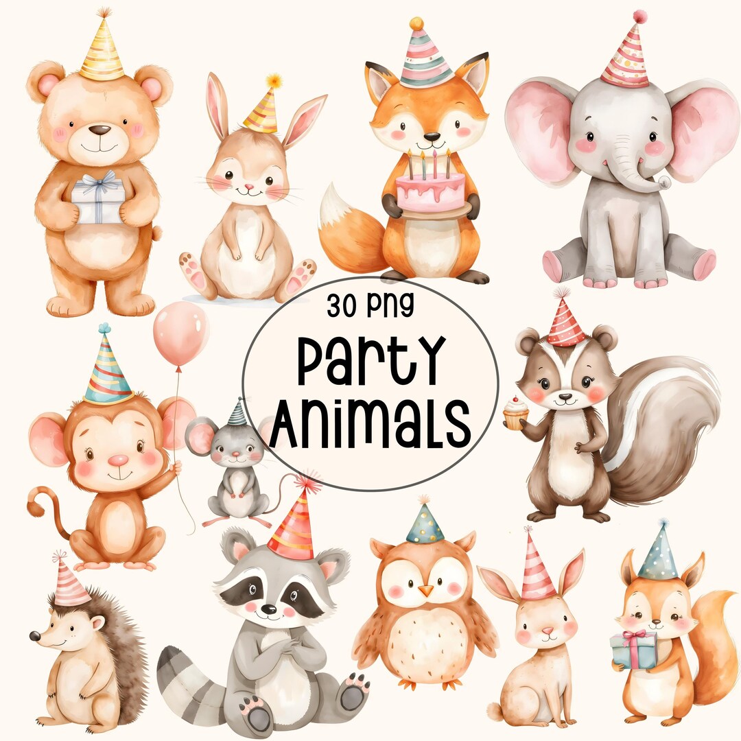 Cute Animal Clipart - Party Animals - Watercolor - Nursery Art ...