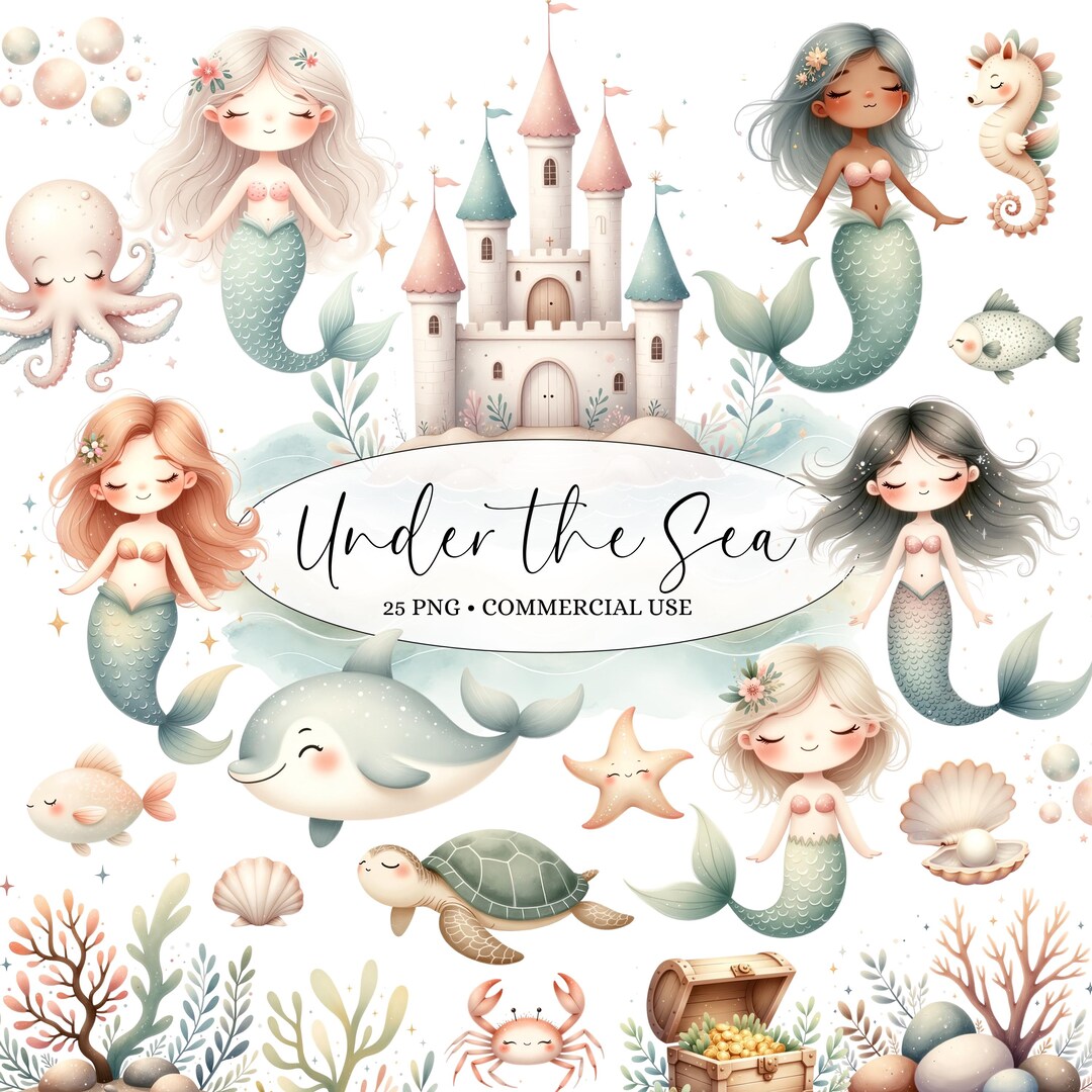 Mermaid Clipart Bundle - Watercolor - Under the Sea - Neutral - Mermaid ...