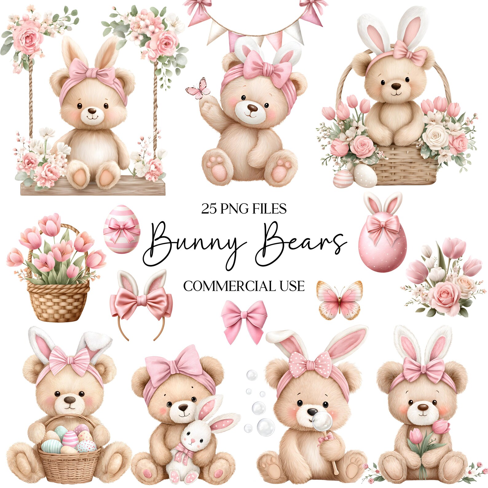 Easter Bears Clipart - Watercolor - Easter Png - Teddy Bear - Nursery ...