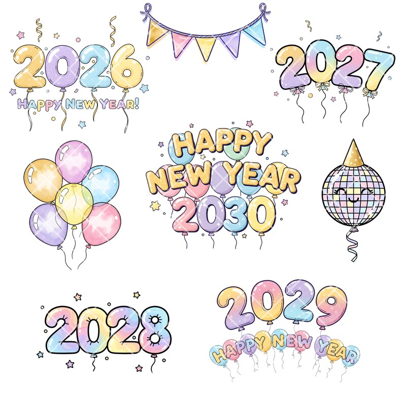 New Year's Clipart - Watercolor - Cute New Year Png - Disco Ball ...