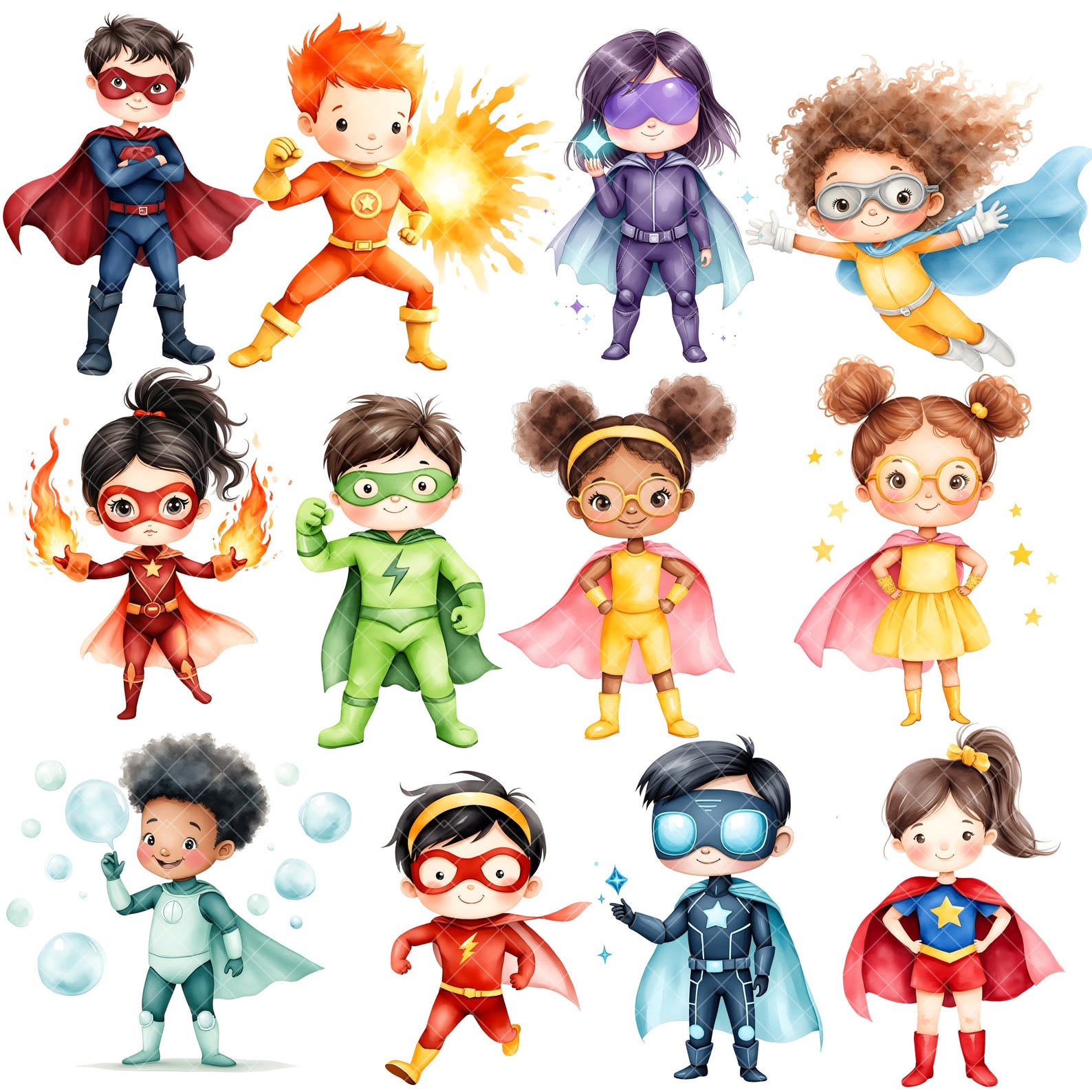 Superhero Kids Clipart - Watercolor - Cute Superhero Png - Kids Clipart ...
