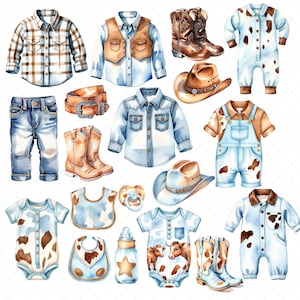 Cute Baby Clothes Clipart - Watercolor - Cowboy - PNG Images - Clipart Bundle - Western - Cowboy ...