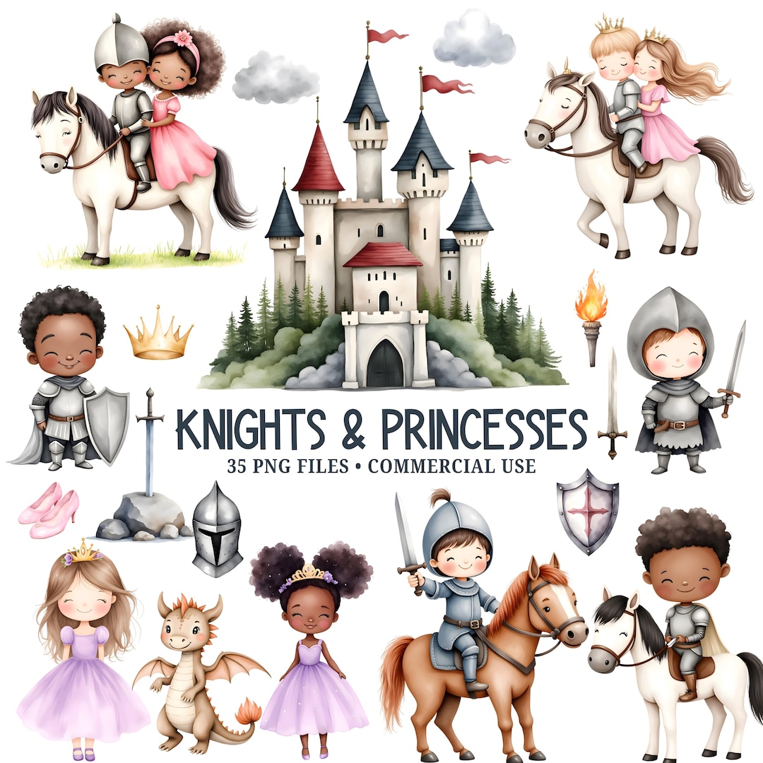 Knight and Princess Clipart - Watercolor - Cute Kid's Png - Fairytale ...