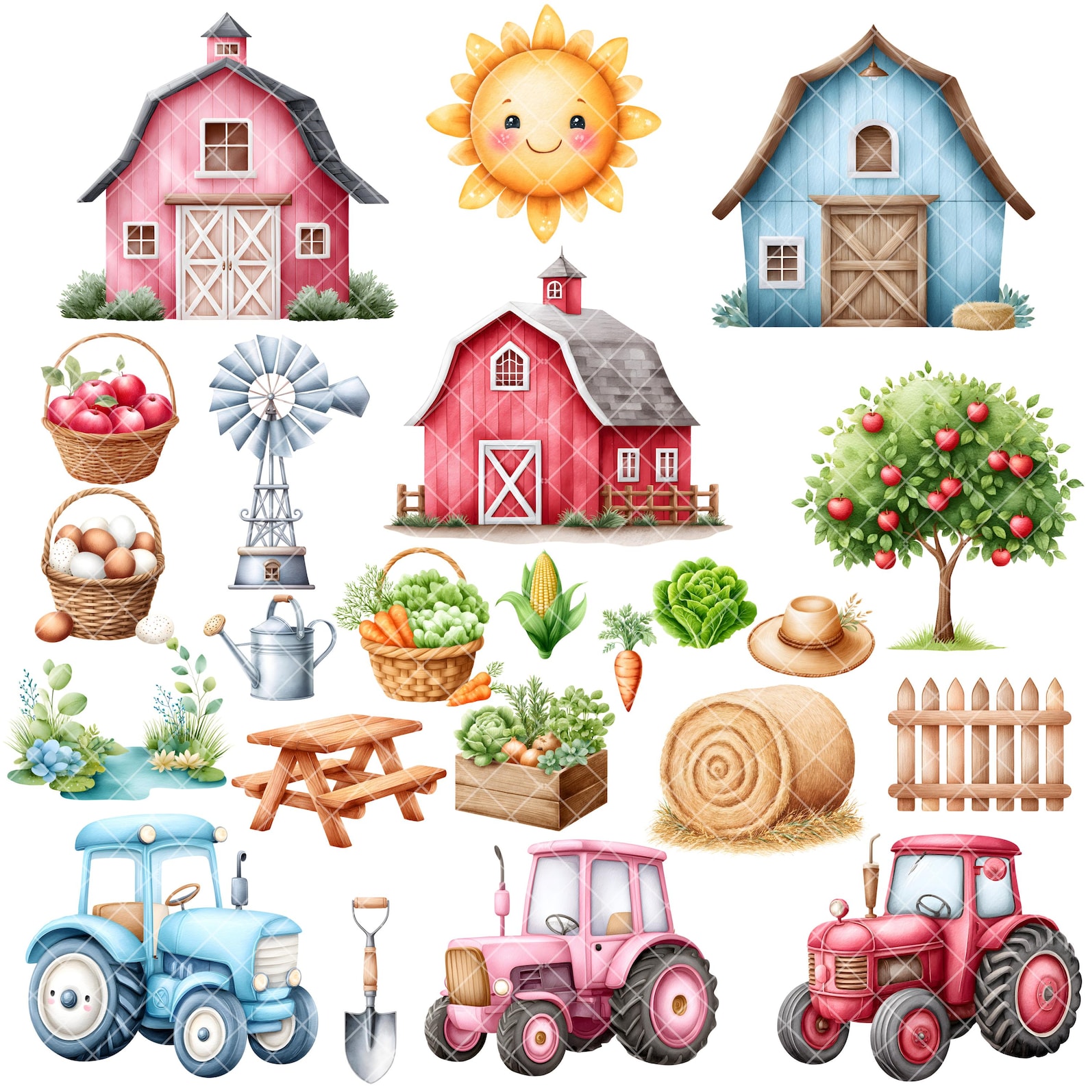 Farm Animal Clipart - Watercolor - Cute Farm Png - Cow - Pig - Horse ...
