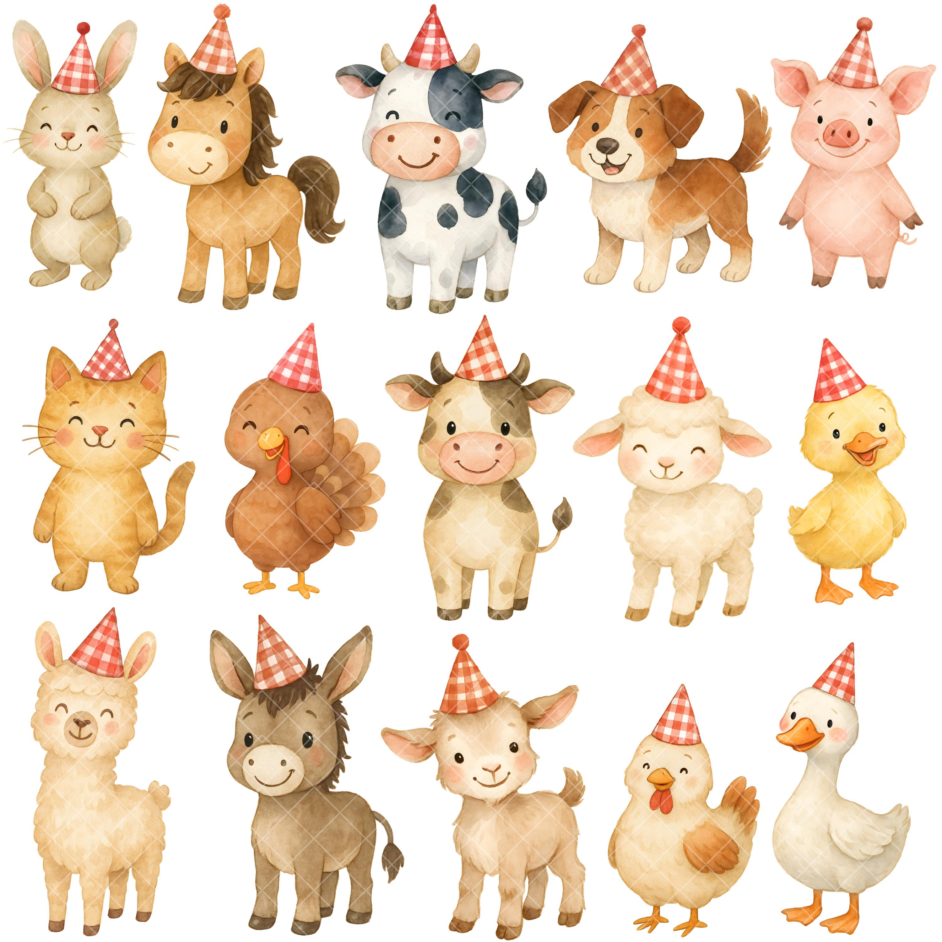 Farm Birthday Clipart - Watercolor - Cute Farm Animals - Png - Kids ...
