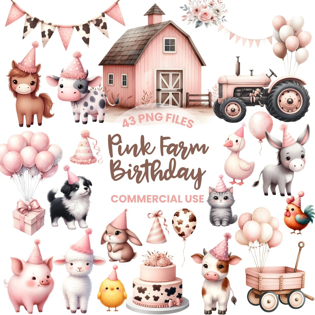 Farm Birthday Clipart - Watercolor - Cute Farm Png - Pink Farm ...